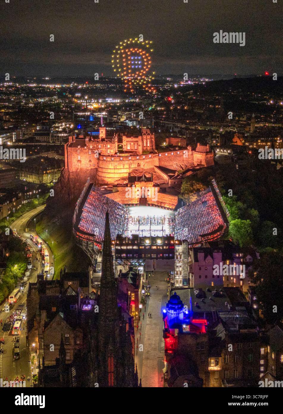 Aerial view of drone show above Edinburgh Castle showing King Charles ...