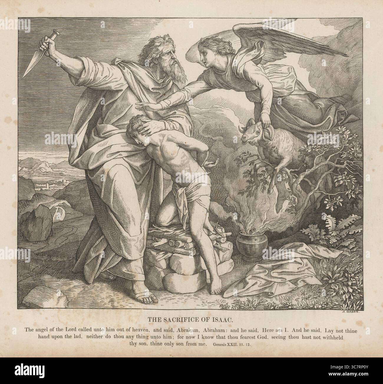 Biblical story, The Sacrifice of Isaac, digitally enhanced reproduction ...