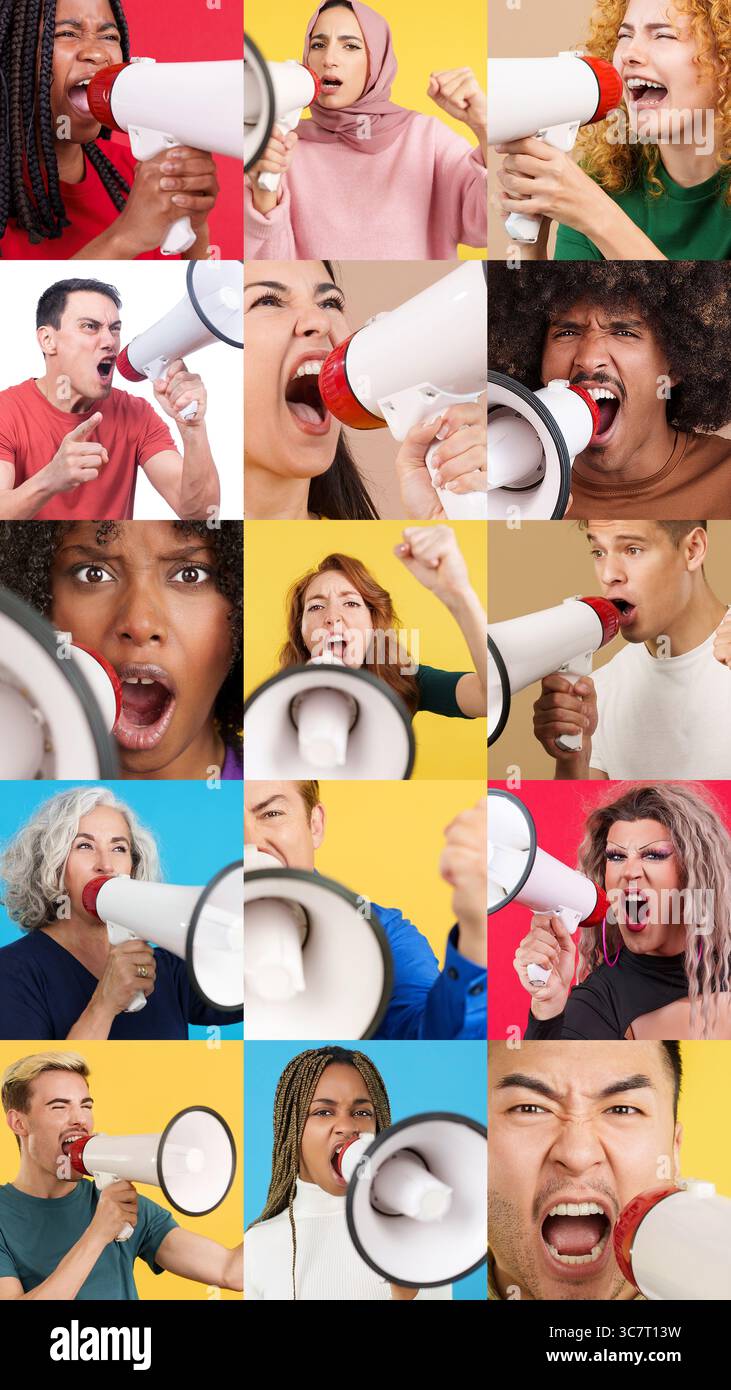 Mosaic of upset people yelling using a loudspeaker Stock Photo - Alamy