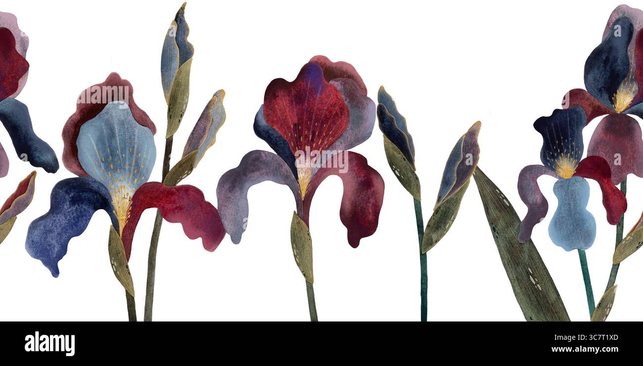 Seamless watercolor border featuring stylized iris flowers in blue and ...