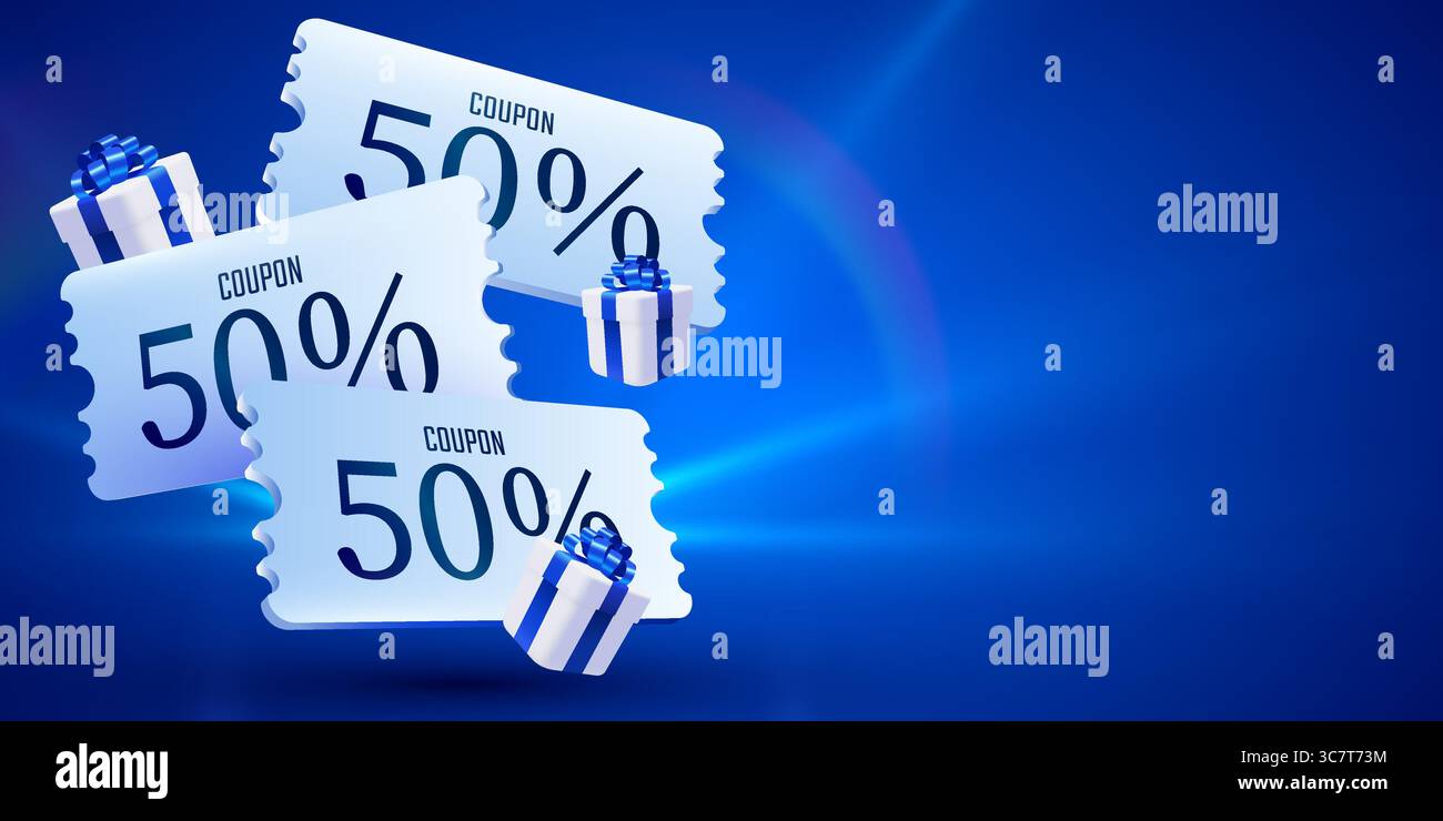 3d coupon with golden coins and present boxes. Special giveaway voucher ...
