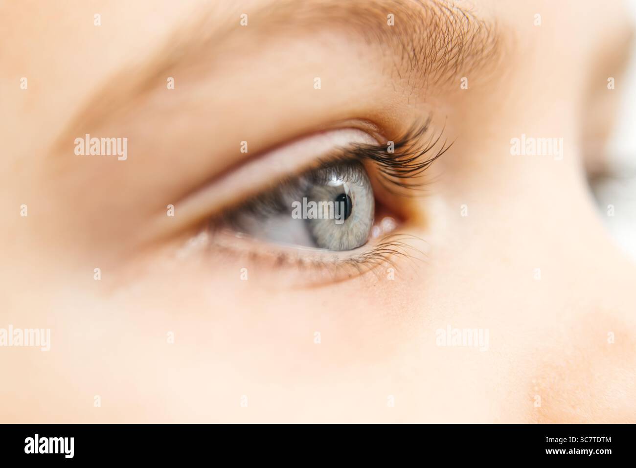 Close-up of a child's eye, featuring a striking blue iris and delicate ...