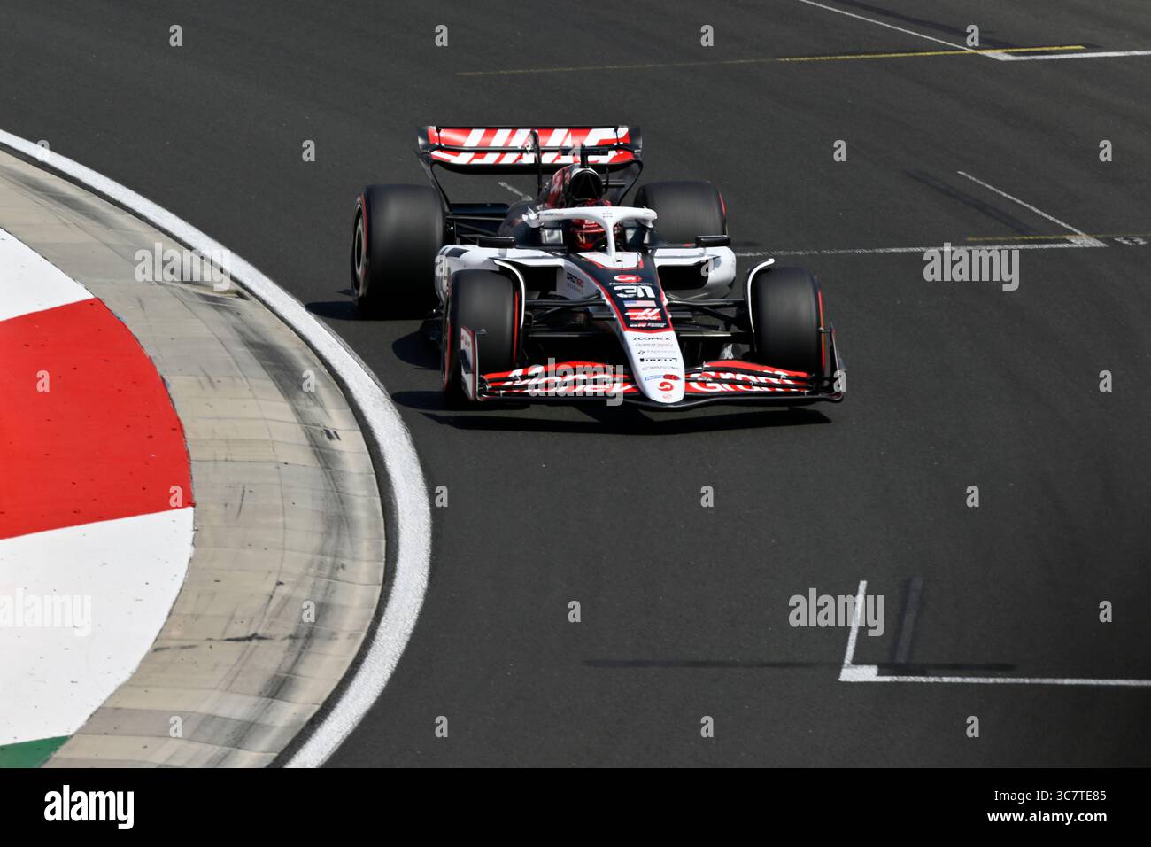 Haas driver Esteban Ocon of France steers his car during the third free ...
