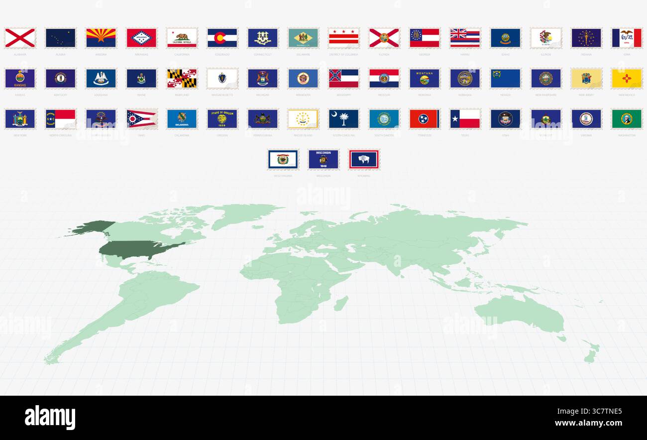Flags of the US States, Postage Flag Set. US State Flags with World Map ...