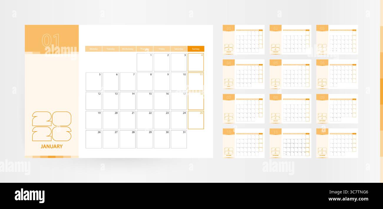 Horizontal planner for the year 2026 in the orange color scheme. The ...