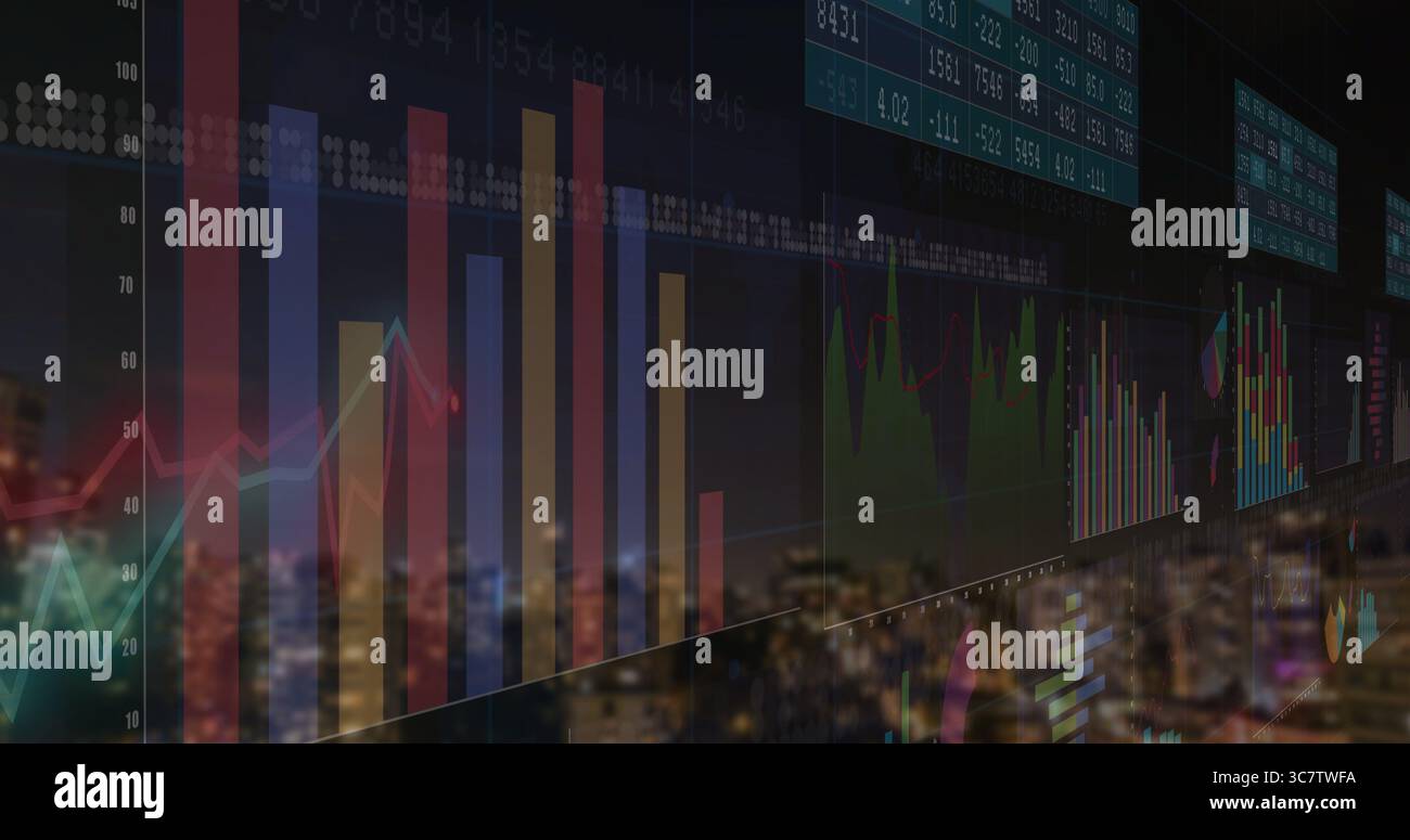 Showing financial panels hovering over cityscape, with bar and line ...