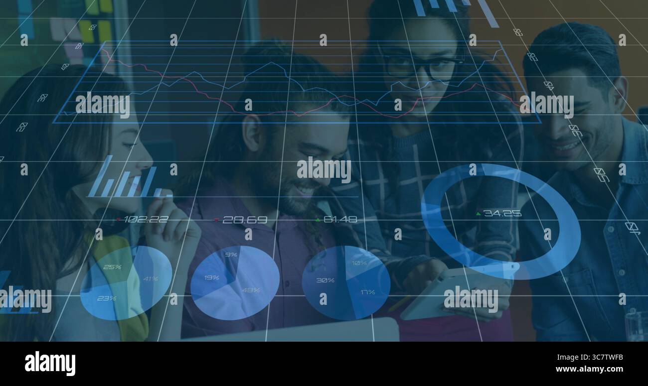 Analyzing team of four professionals reviewing data on laptop, tablet ...