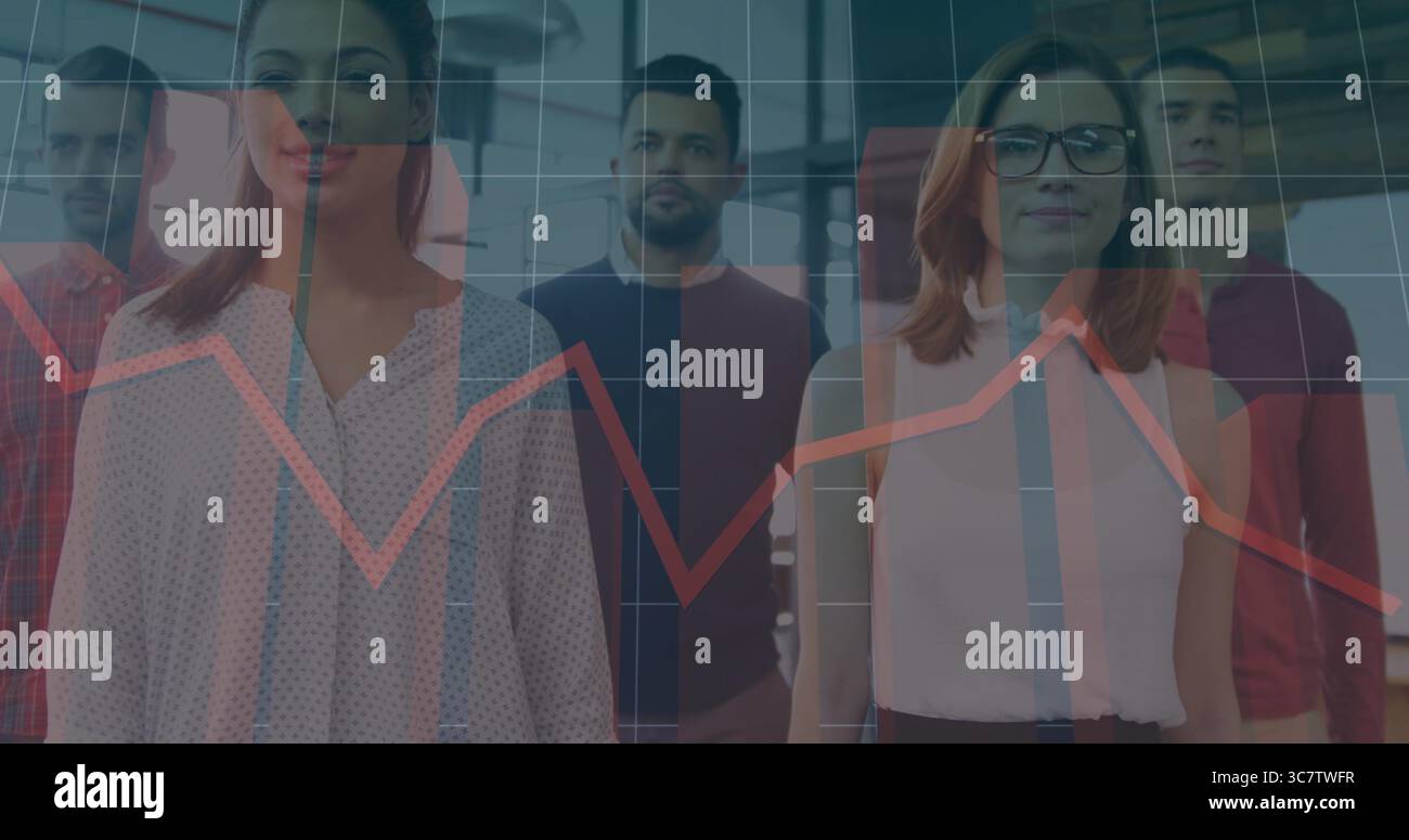 Standing five professionals analyzing data in modern office, with grid ...