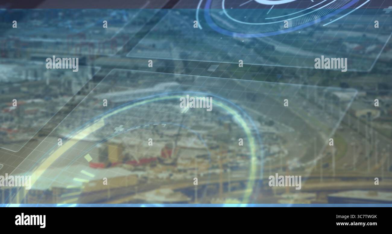 Displaying large glowing radar overlay scanning urban industrial area ...