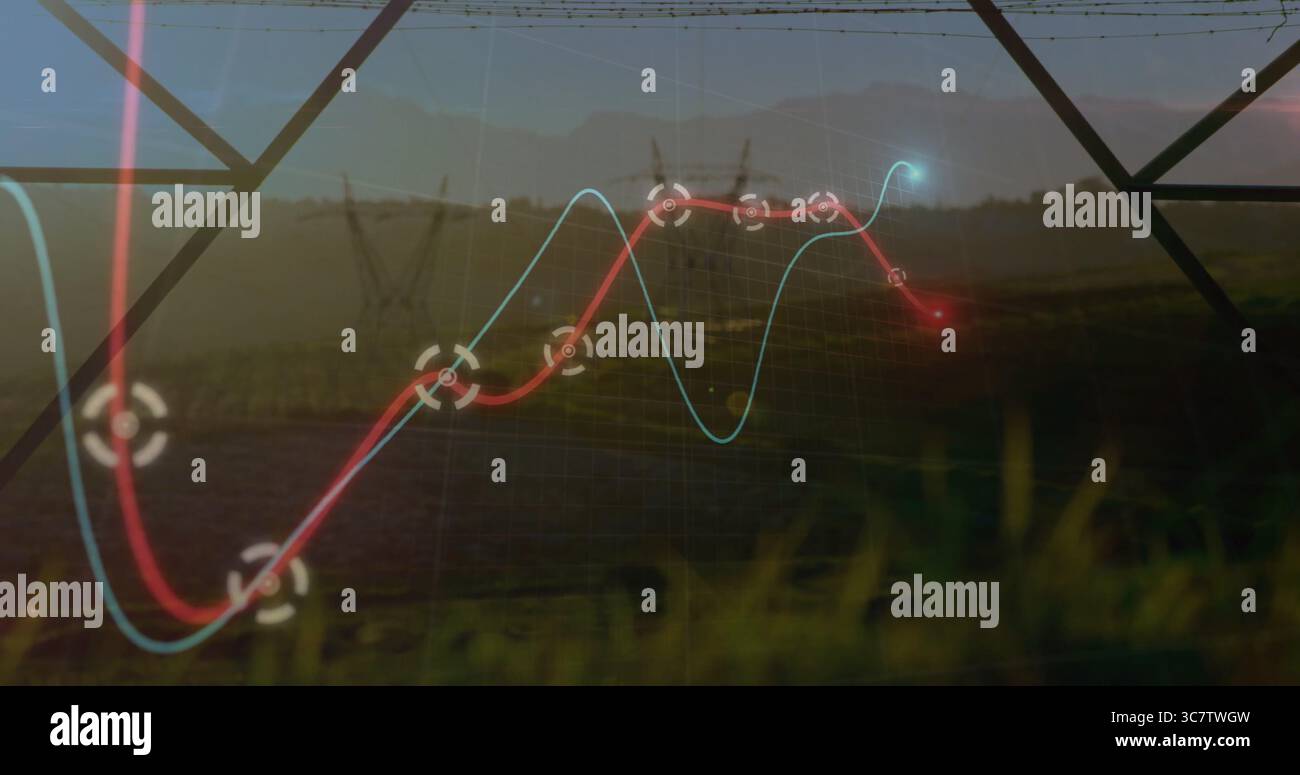 Displaying digital graph overlay showing red blue curves over rural ...