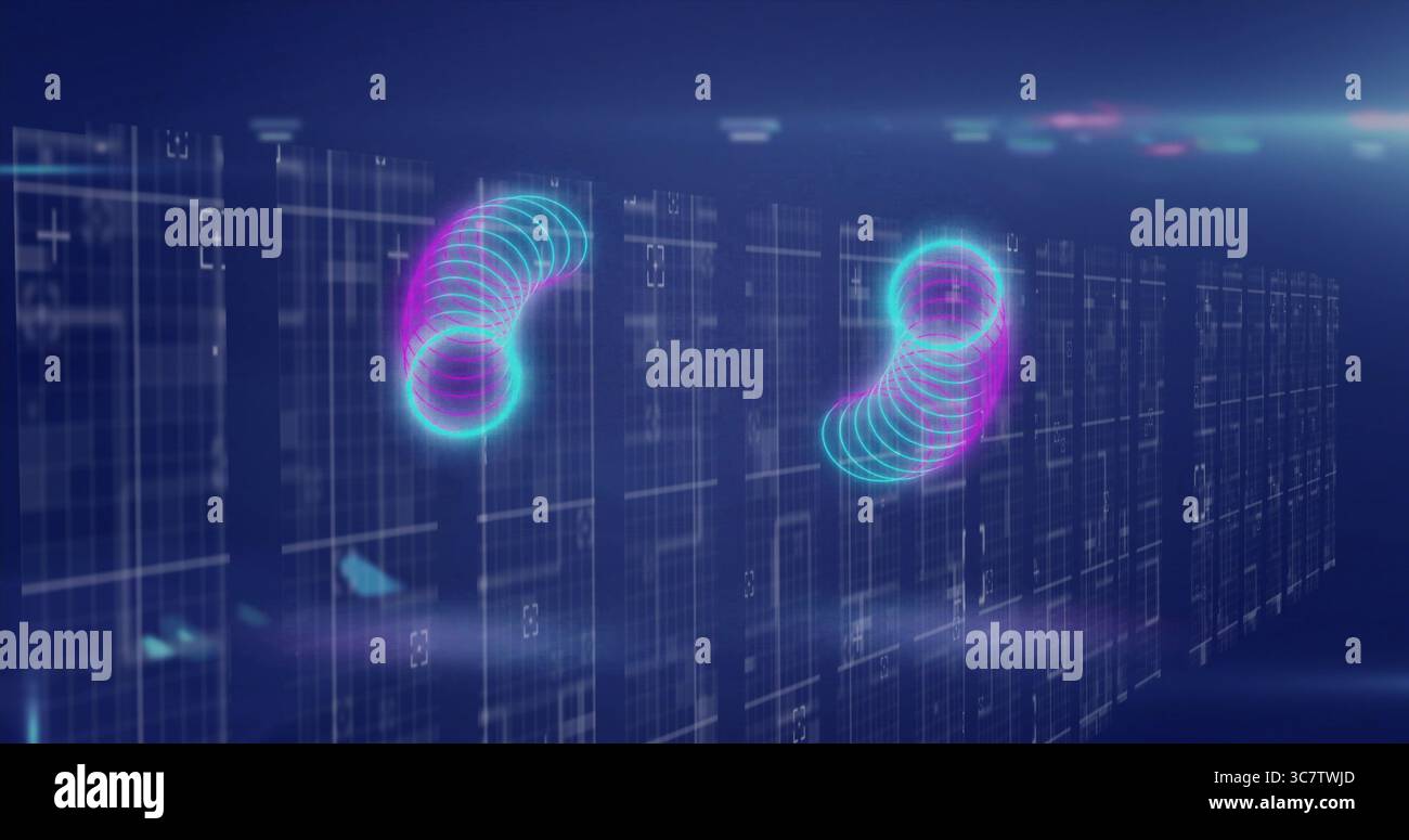 Floating cyan and magenta holographic swirl shapes over receding data panels, with light streaks ...