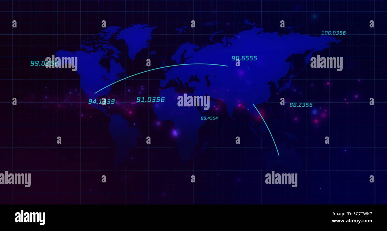 Displaying world map visualization on display with glowing data nodes ...