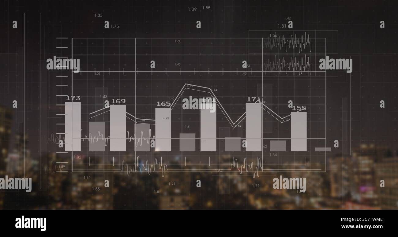 Displaying translucent bar and line chart overlaying nighttime city ...