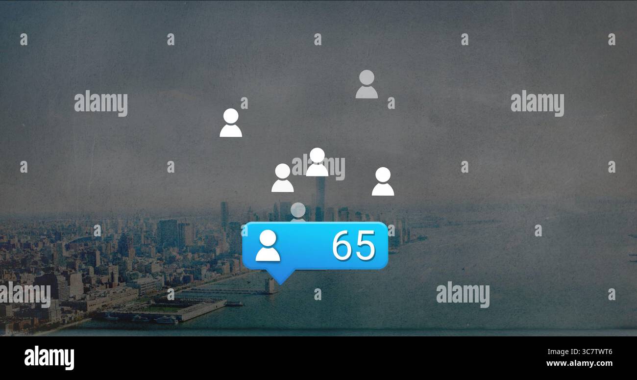 Blue notification bubble showing 65 users floating over waterfront ...