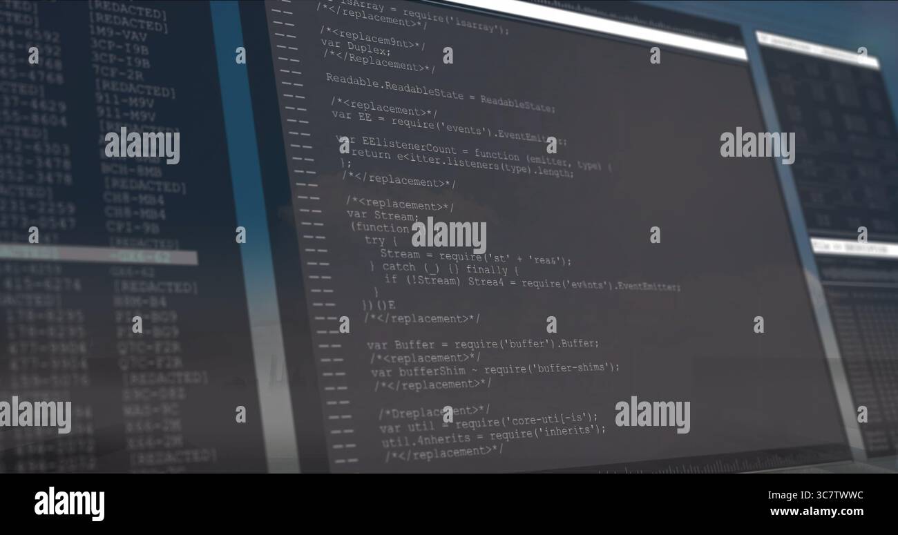 Showing dual monitors presenting JavaScript code and log entries on desk, with monitor stands ...