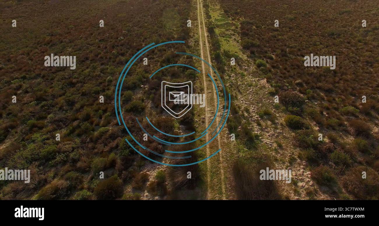 Displaying central overlay showing data rings over arid scrubland, with ...