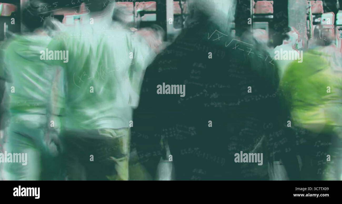 Walking men in casual clothes through corridor, with metal shelving, stacked boxes and math ...