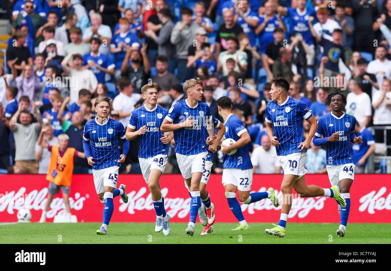 Cardiff City's Rubin Colwill celebrates scoring their side's first goal ...