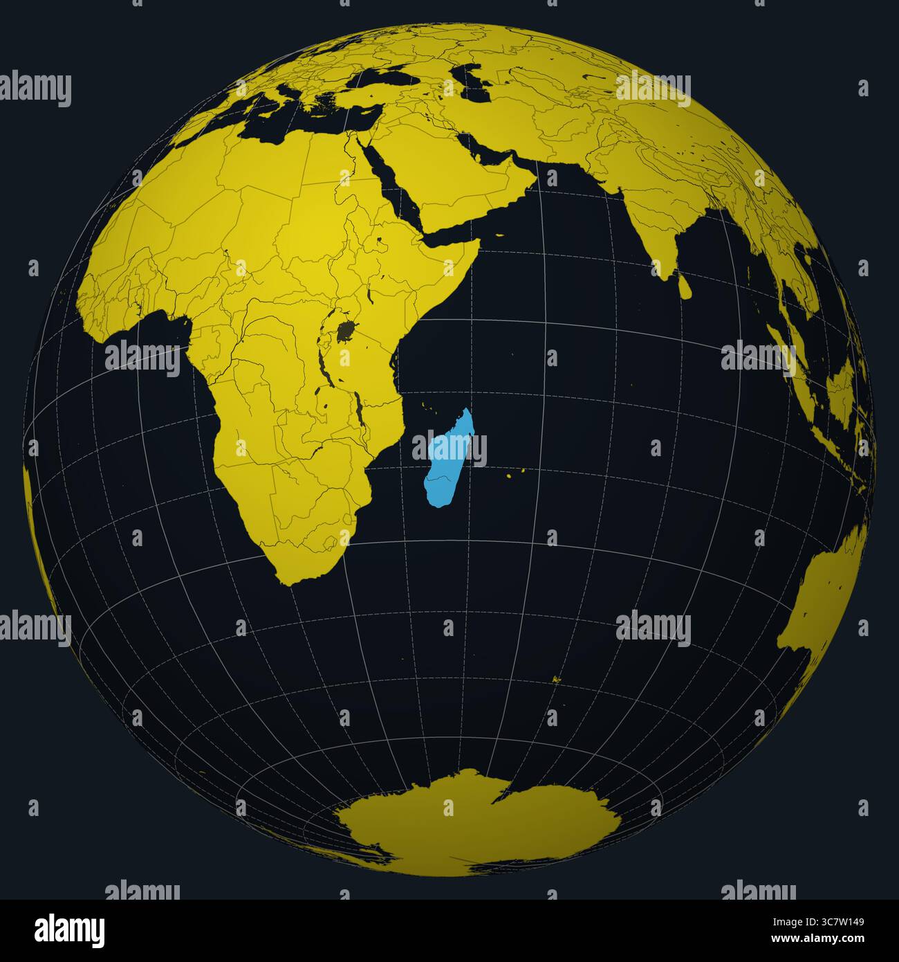 Madagascar on Globe. Country view on the world map in Charcoal Bright ...
