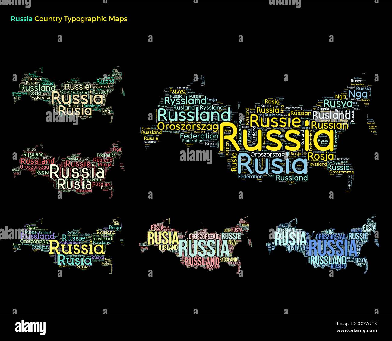 Russia. Set of typography style country illustrations. Russia map shape ...