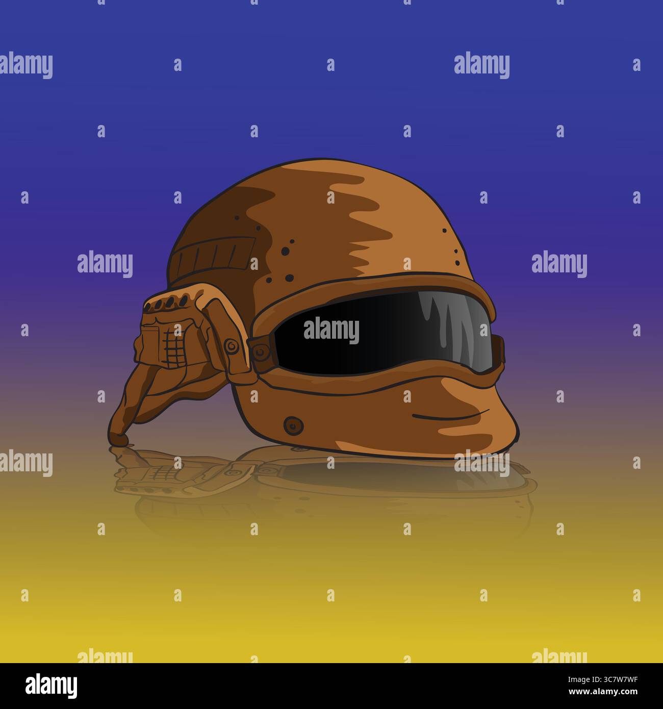 Modern tactical helmet reflecting on dark surface with red background ...