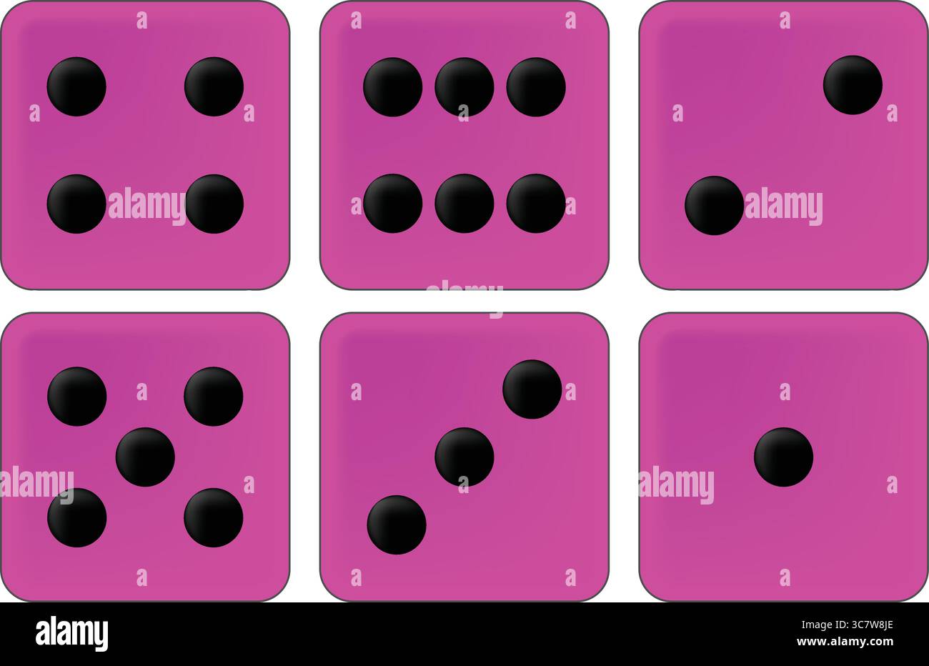 Six red dice showing different numbers from one to six, forming a ...