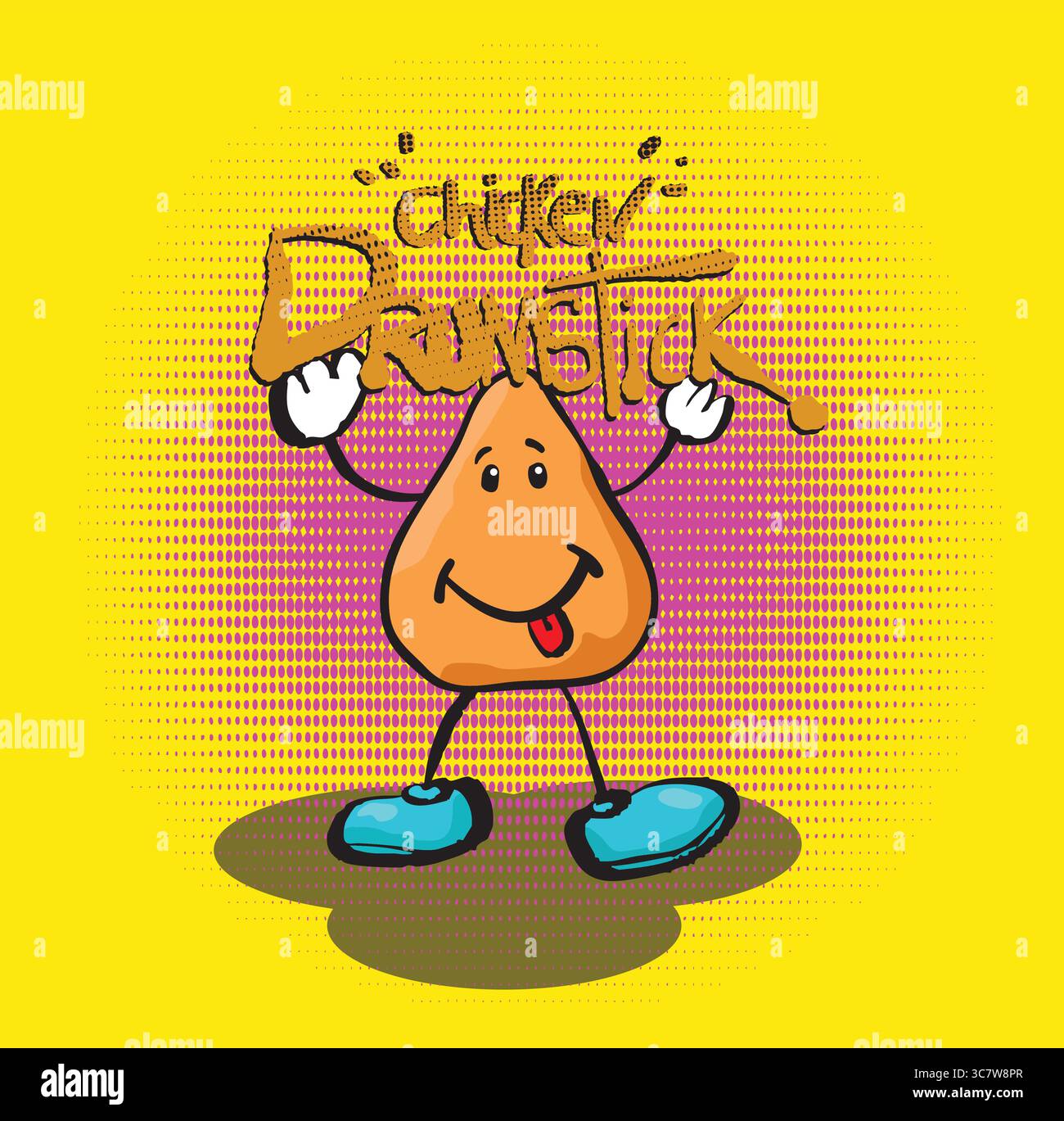 Funny chicken drumstick cartoon character holding its name on blue ...