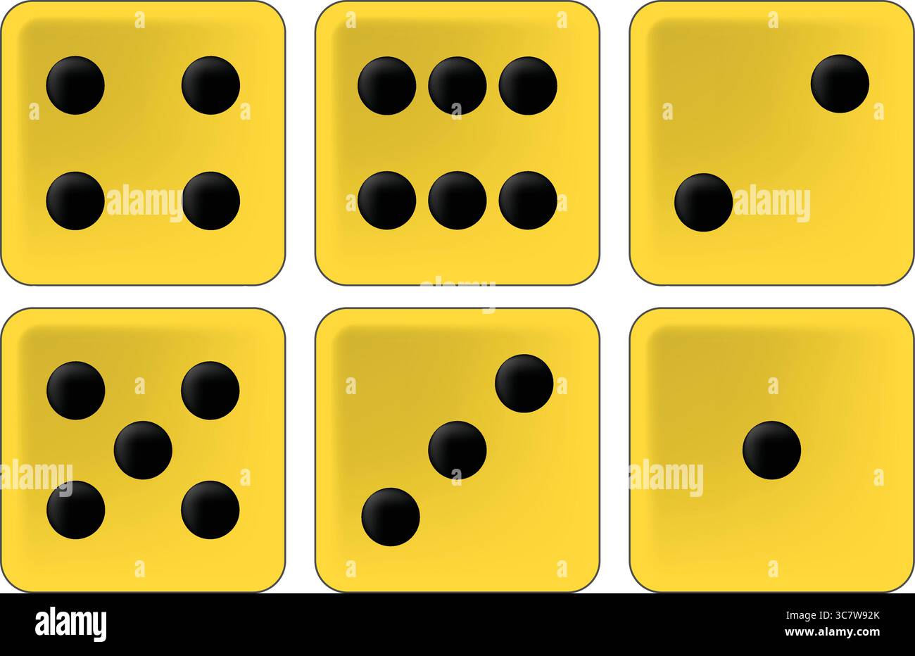 Six red dice showing different numbers from one to six, forming a ...