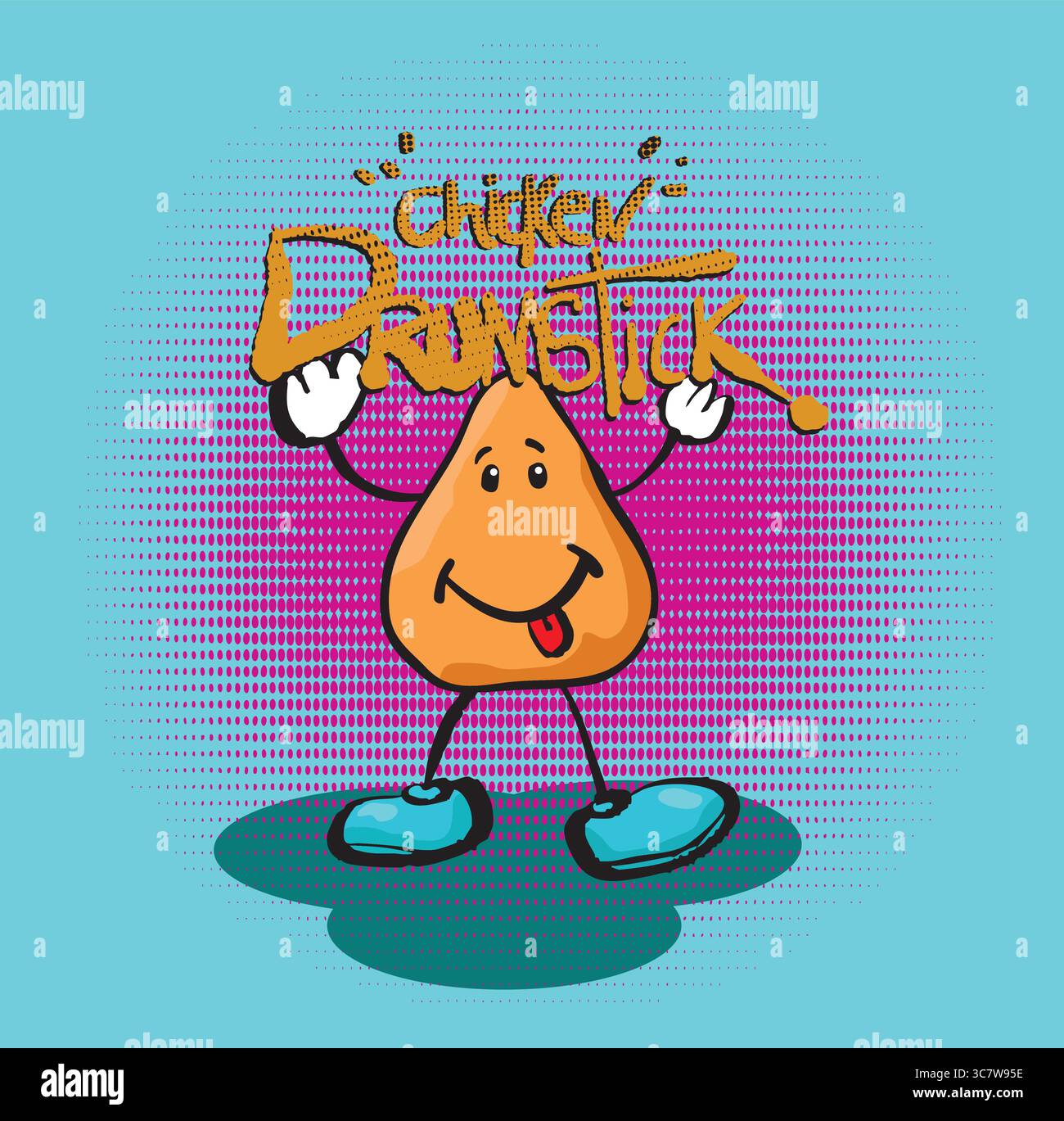 Funny chicken drumstick cartoon character holding its name on blue ...