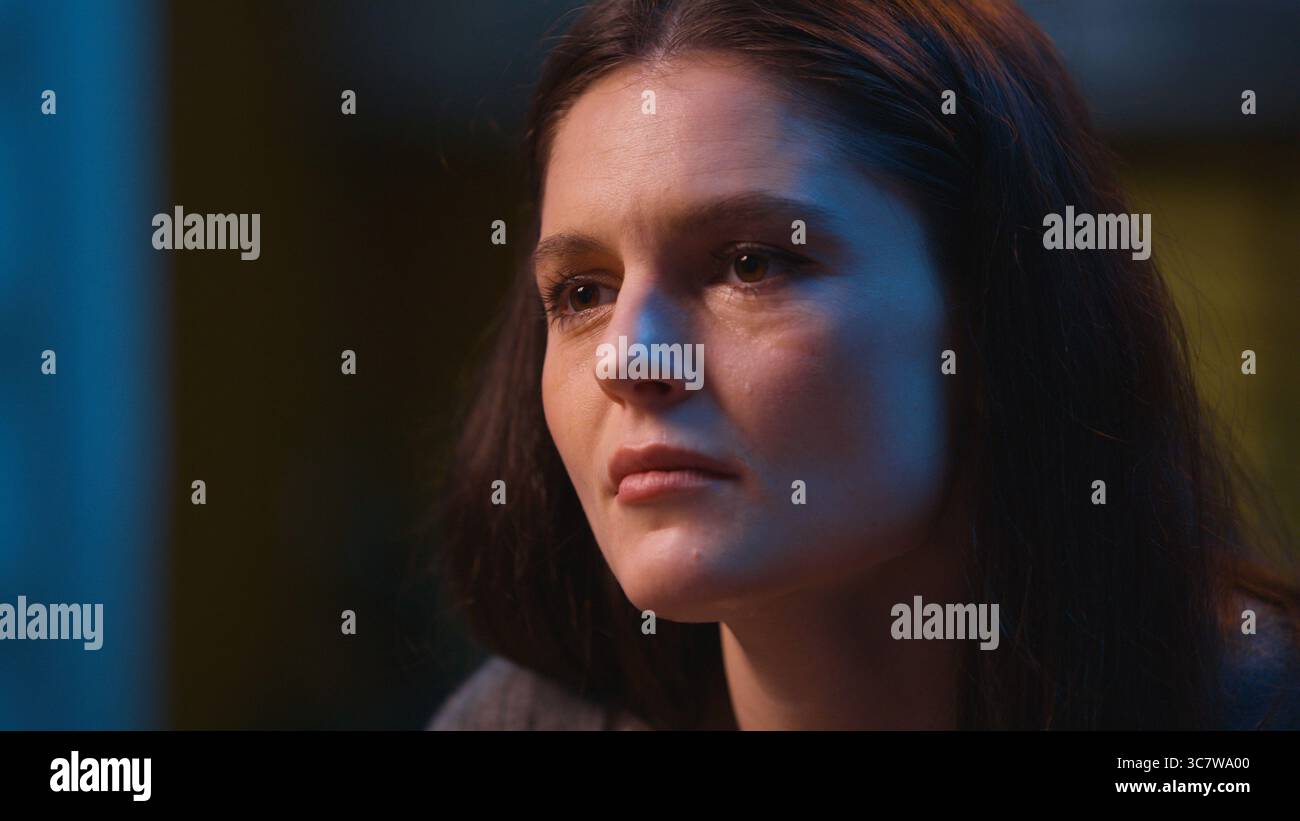 Close up crying woman sad worried Caucasian girl depression drink wine ...