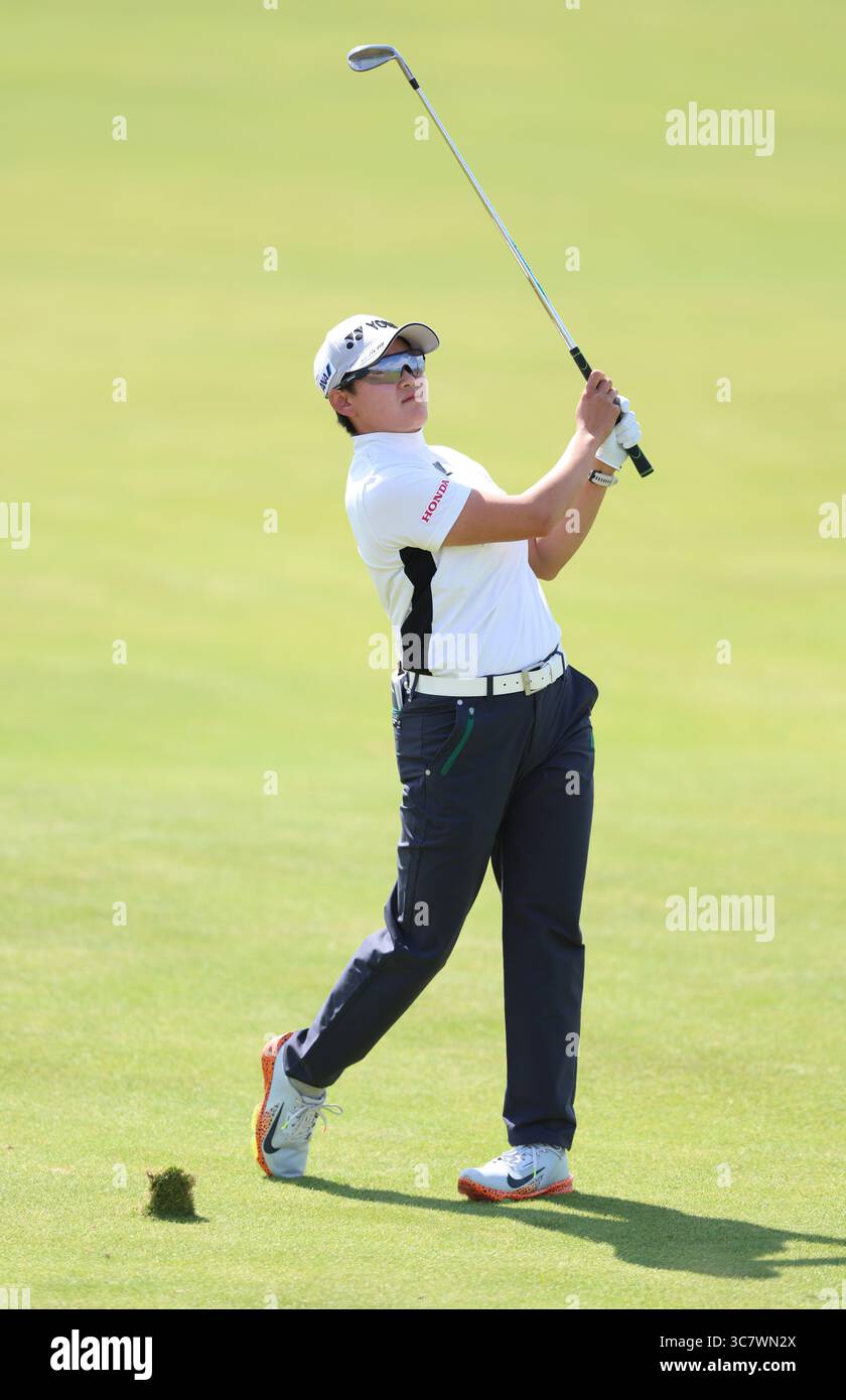 Japan's Akie Iwai on the 3rd on day three of the 2025 AIG Women's Open at Royal Porthcawl ...