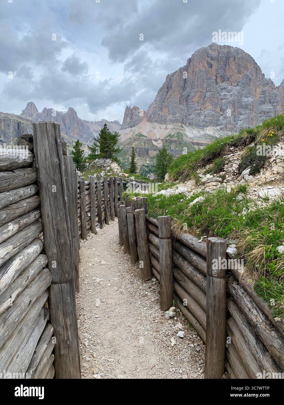 Historic World War I trench in the Italian Dolomites, surrounded by ...