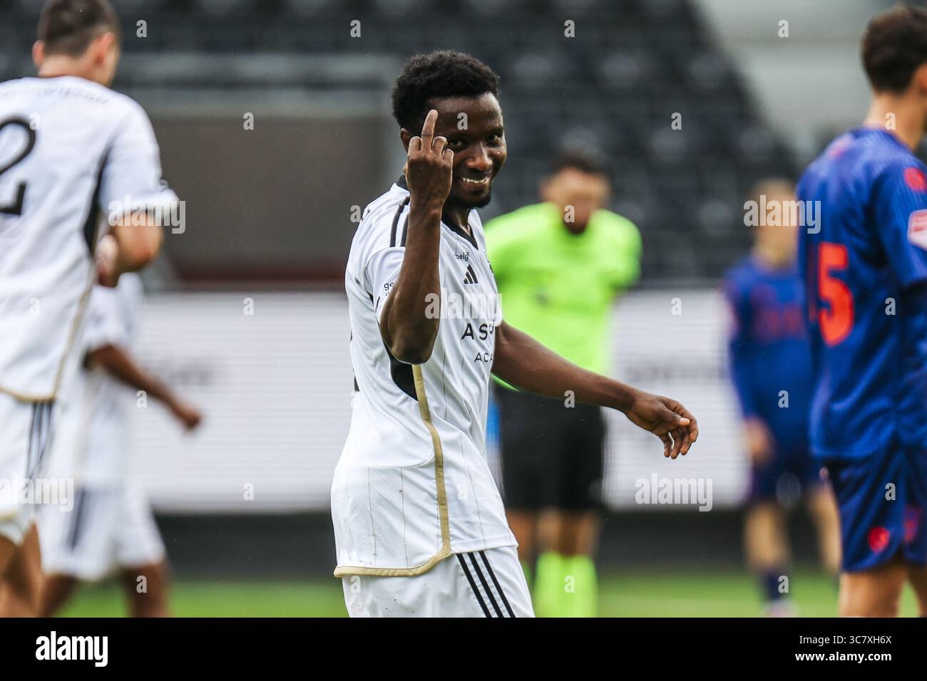 Eupen's Isaac Nuhu celebrates after scoring the 1-0 goal during a ...