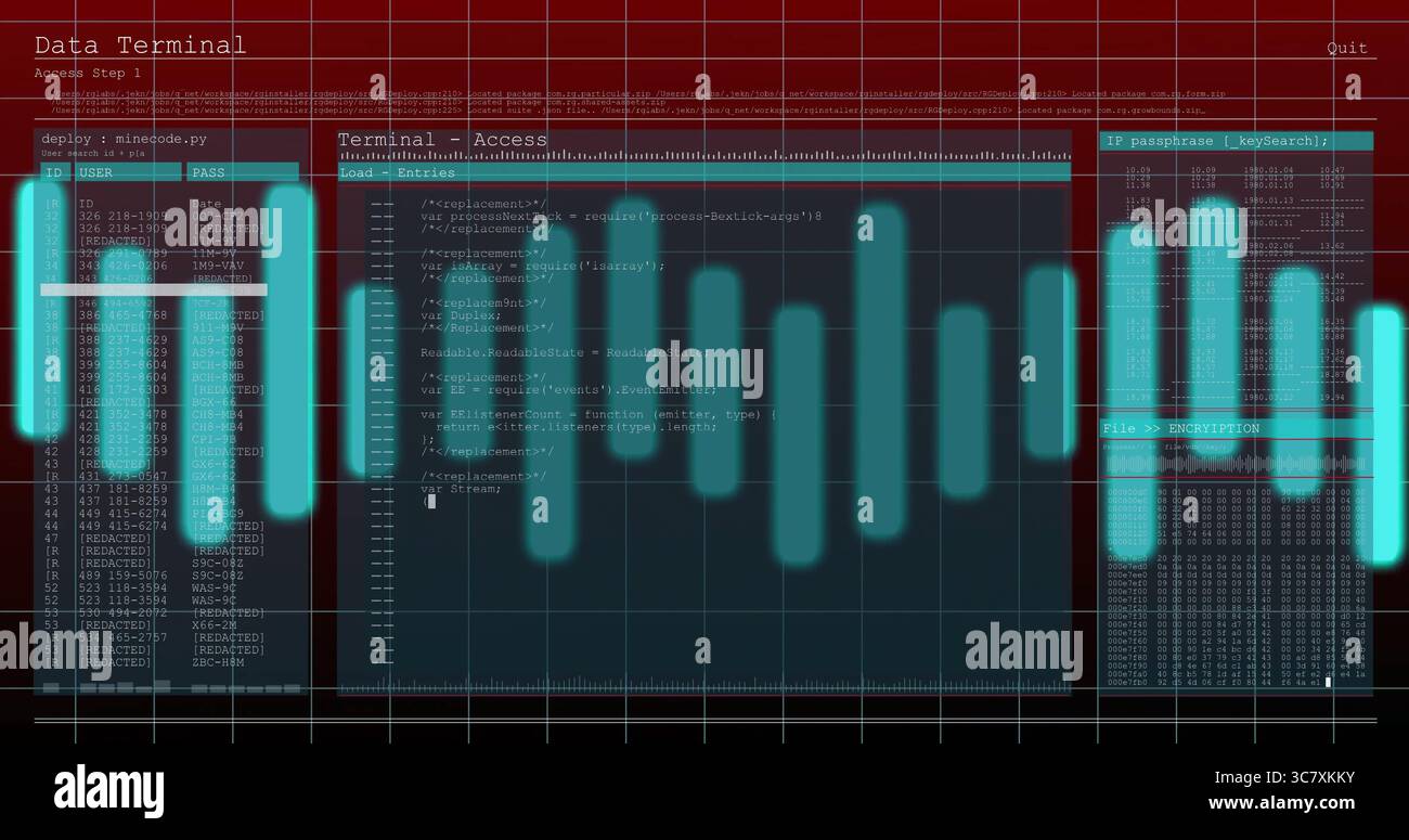 Displaying code window showing code on terminal, with ID and passphrase panels and teal waveform ...
