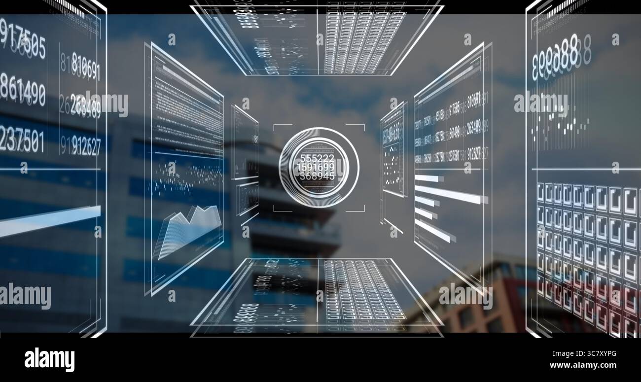 Hovering translucent readout showing three rows of numbers in cityscape ...
