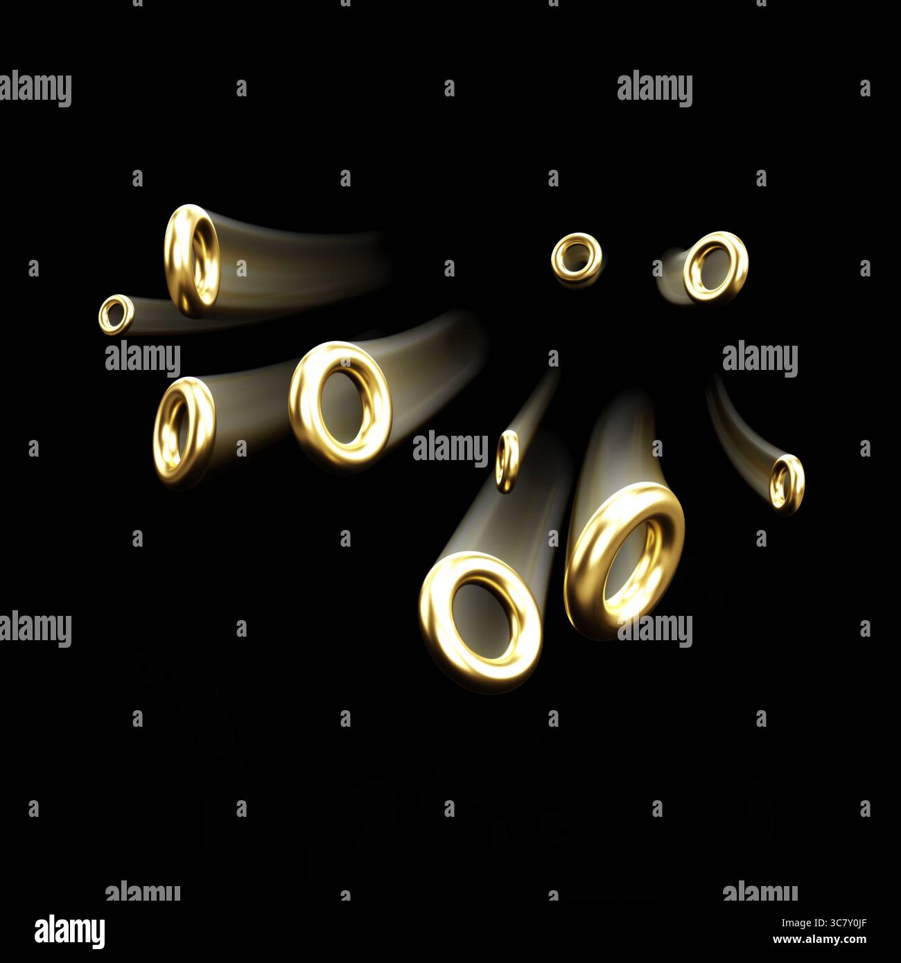 Multiple golden rings of different sizes are floating on a black ...