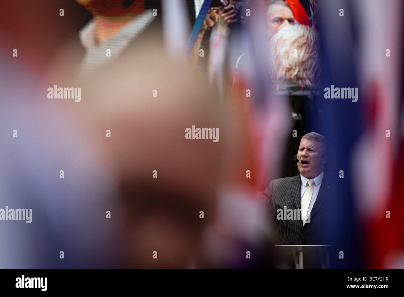 Manchester, UK 02 August, 2025. Paul Golding addressÕs the crowd at the ...