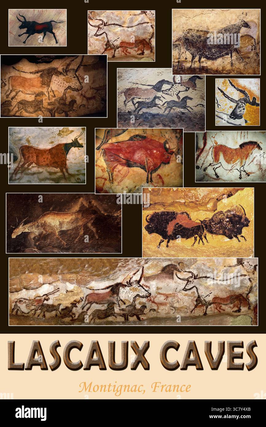 Lascaux Caves art poster with a montage of cave paintings Stock Photo ...