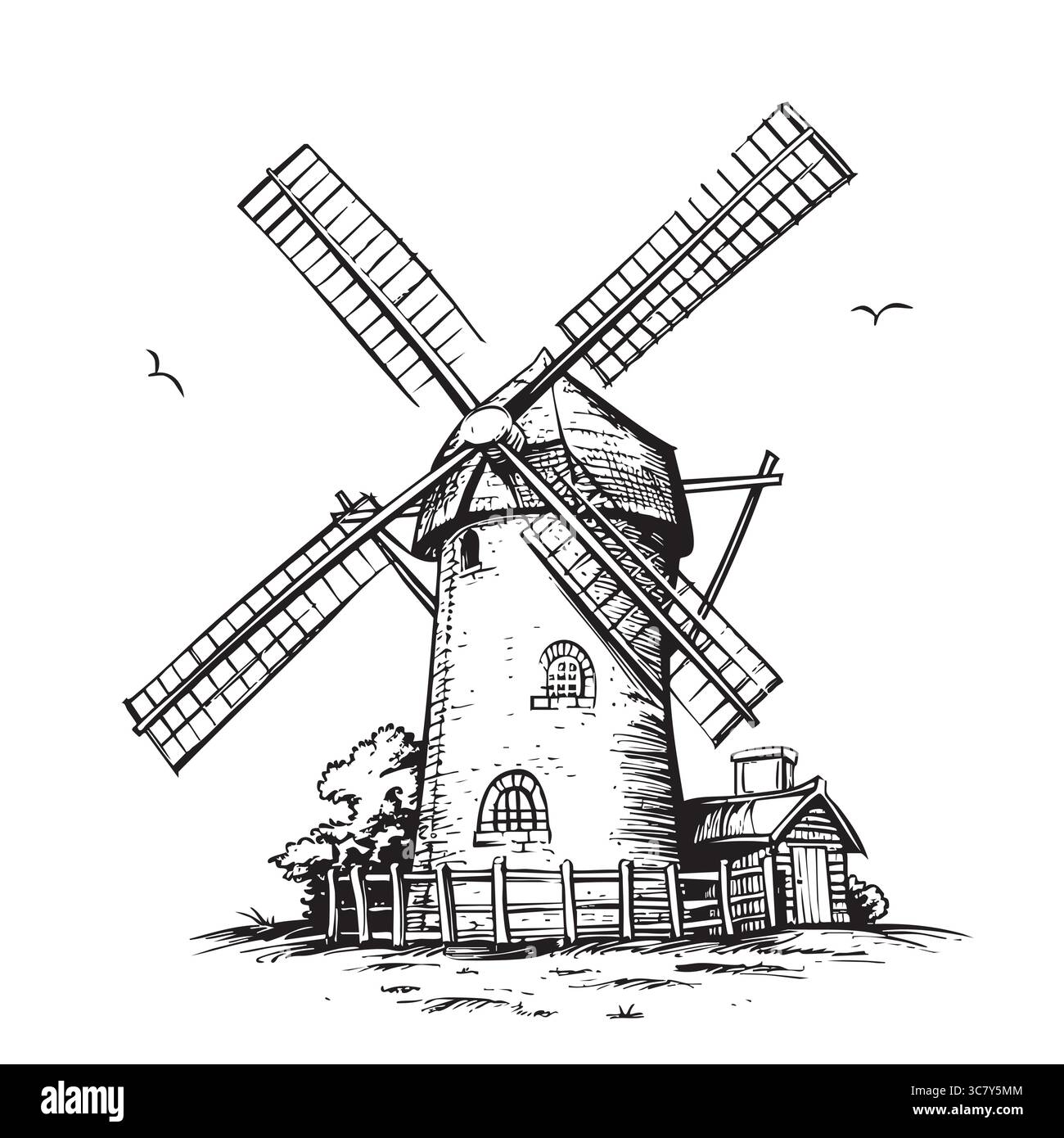 Windmill. Hand drawn vintage sketch vector illustration Stock Vector ...