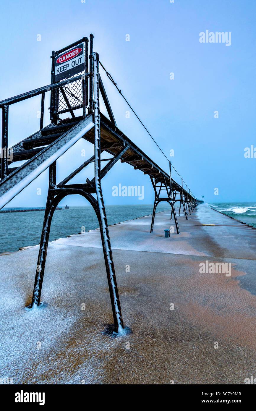 North Pier (elevated walkway leading to lighthouse) at Manistee on Lake ...