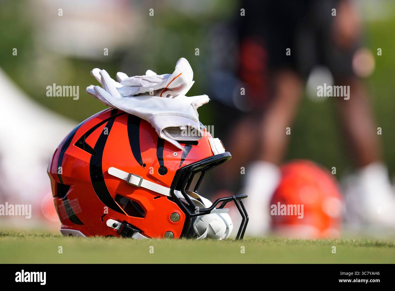 A Cincinnati Bengals helmet rests in the grass during practice at the ...