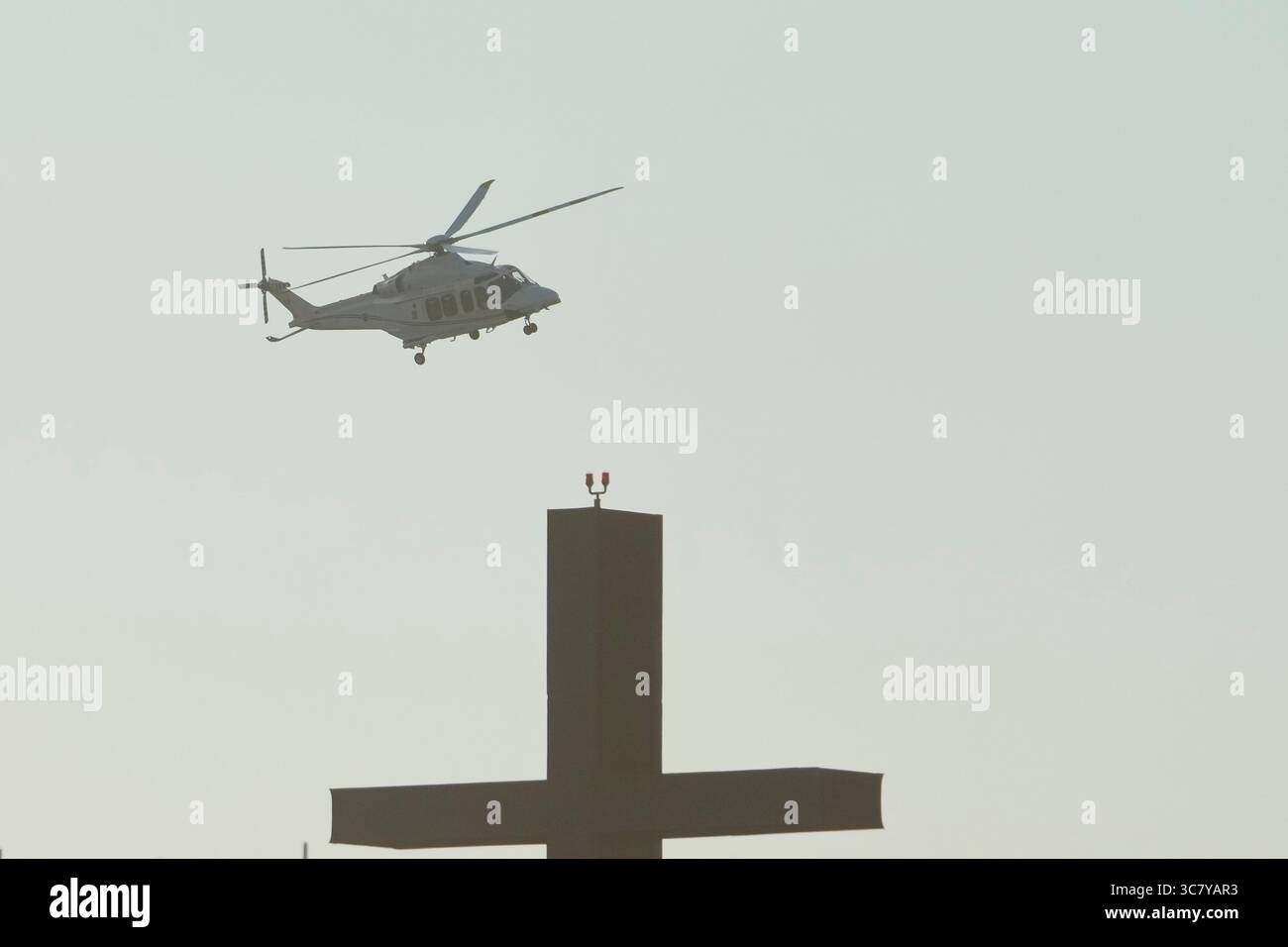 The helicopter carrying Pope Leo XIV arrives for the prayer vigil with ...