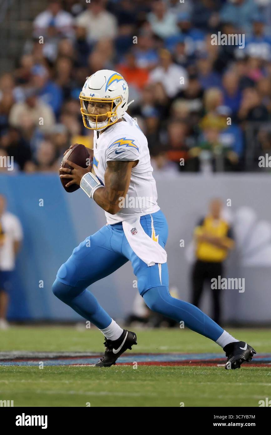 Los Angeles Chargers quarterback Trey Lance (5) looks to throw the ball ...