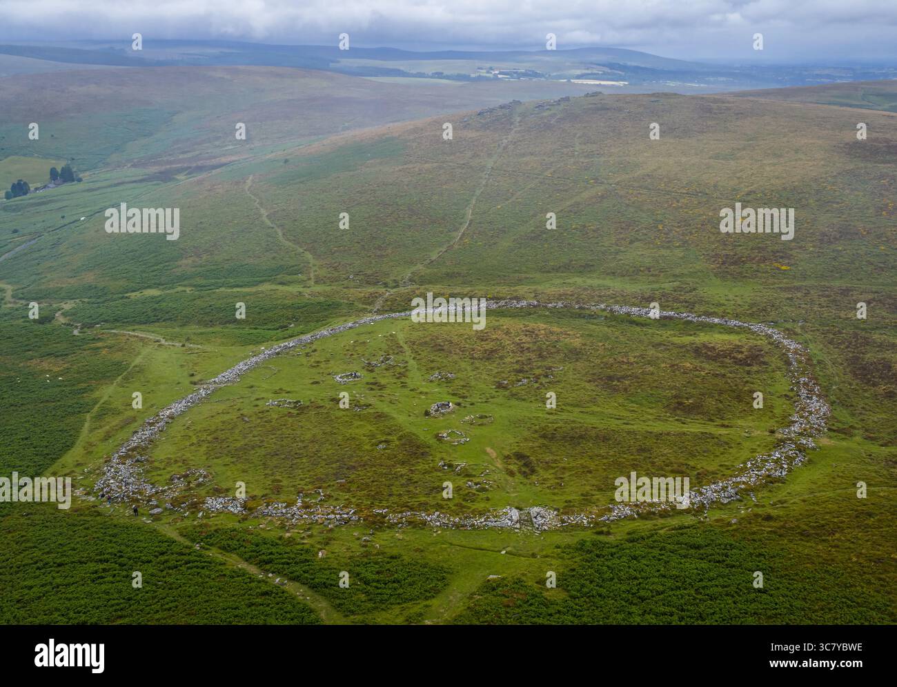 Drone image of Grimespound Bronze Age settlement in Dartmoor, UK ...