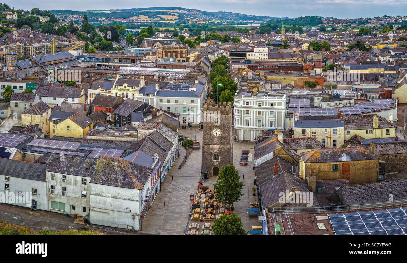 Drone perspective of St Leonard’s Clock Tower in Newton Abbot’s market ...