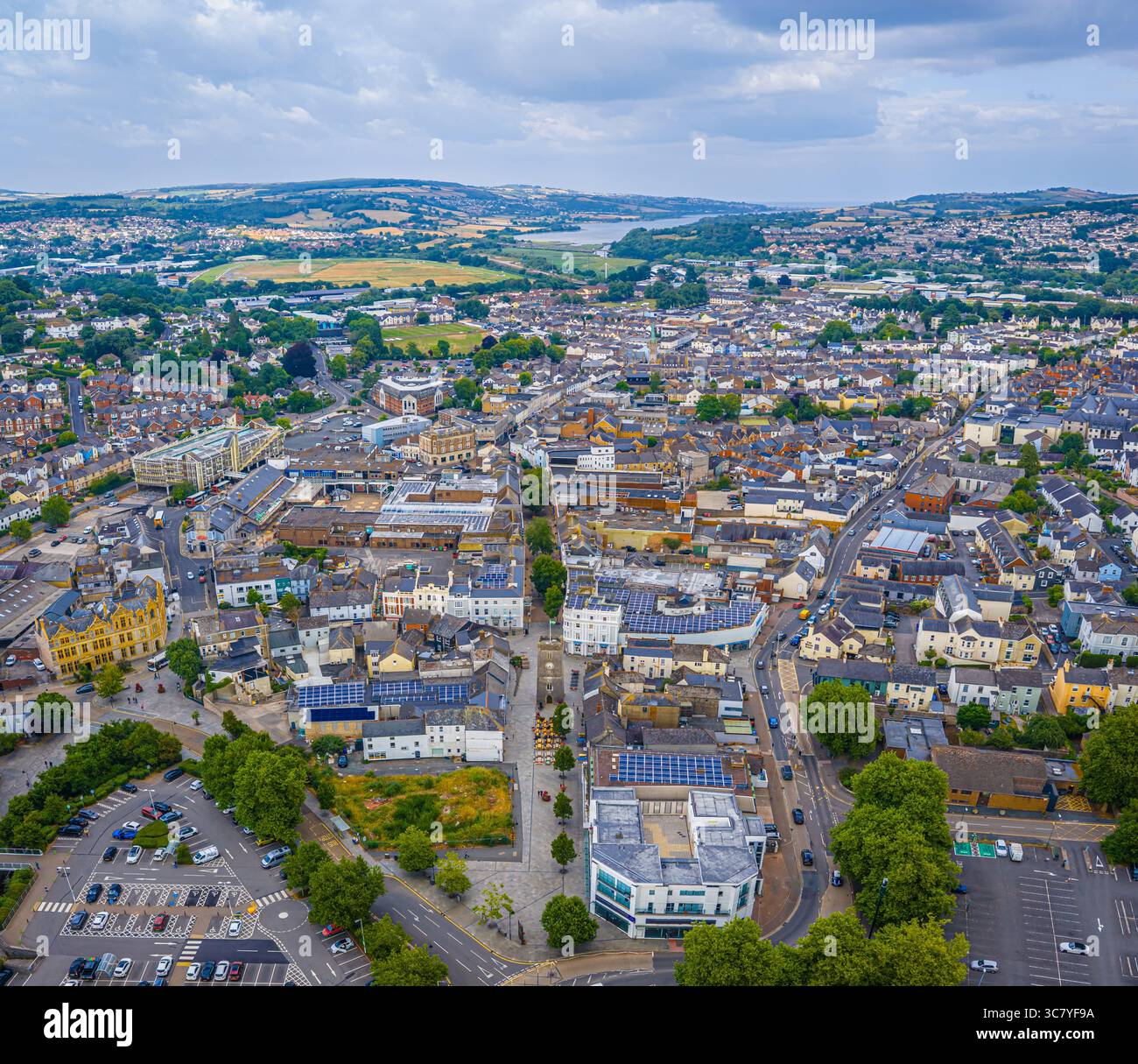 Drone perspective of St Leonard’s Clock Tower in Newton Abbot’s market ...