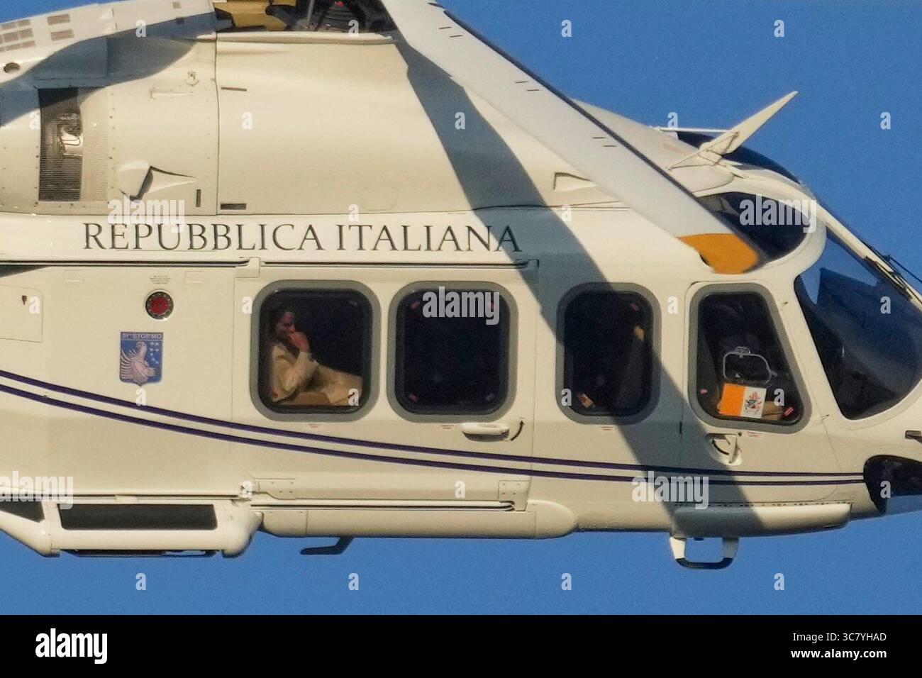 The helicopter carrying Pope Leo XIV arrives for the prayer vigil with ...
