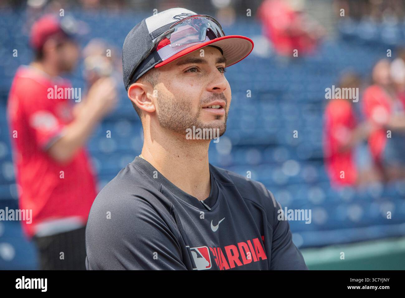 Cleveland Guardians' CJ Kayfus talks with reporters as he prepares for ...