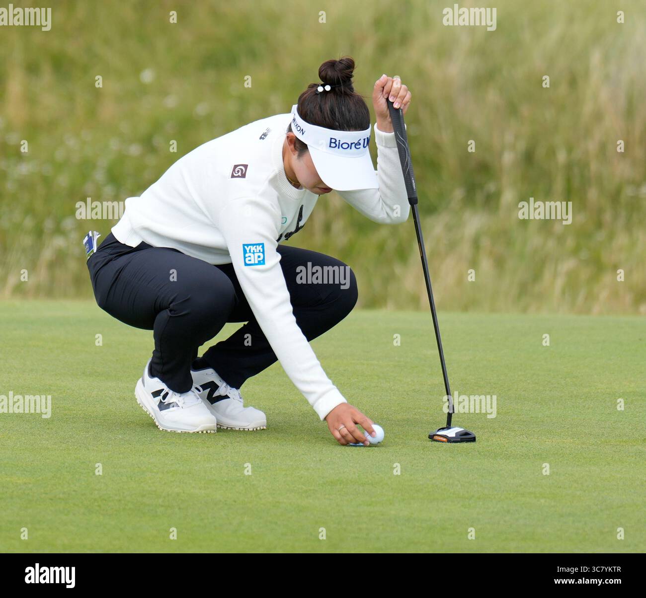 Porthcawl,UK, 02 Aug 2025 Miyu Yamashita places ball during the AIG Womens Open 2025 Day 3 at ...