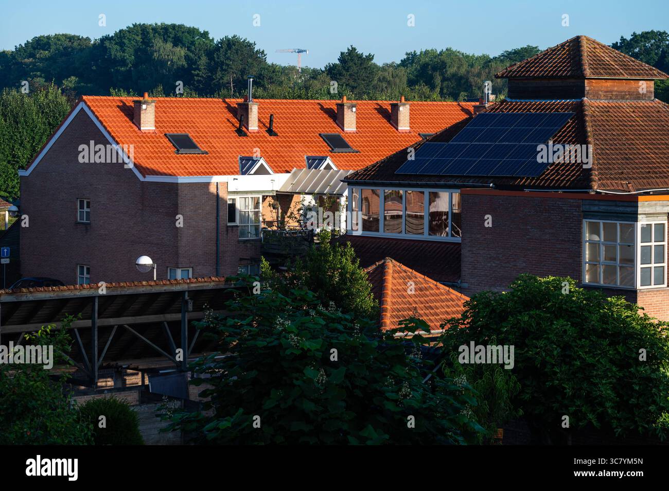 High angle view over residential houses, sheds and backyards in Kuurne ...